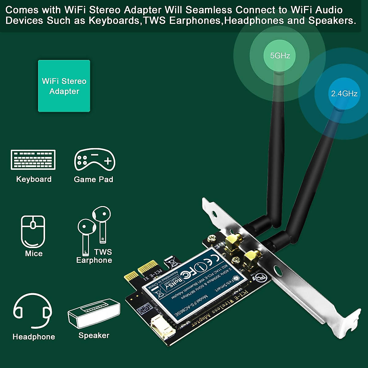 FebSmart Wireless-AC Dual Band 1200Mbps (2.4GHz 300Mbps and 5GHz 867Mbps) PCI Express WiFi Card for Windows XP, 7, 8.x, 10, 11 (32/64bit) and Windows Server Desktop PCs, PCIE WiFi Adapter (FS-AC86SE)