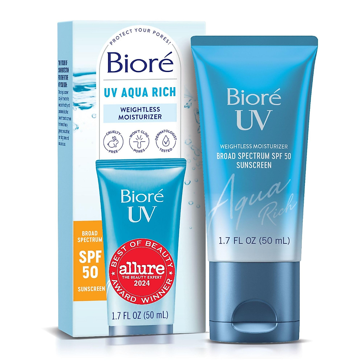 Biore UV Aqua Rich Daily Hydrating Facial Moisturizer with SPF 50 | Oil Free Sunscreen & Primer for Makeup with Hyaluronic Acid, No White Cast, Non-Comedogenic, For Sensitive Skin, PA++++, 1.7 Oz