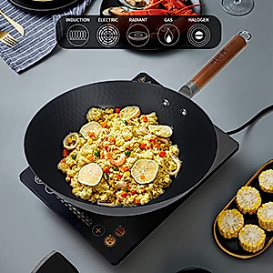 WANGYUANJI Iron Wok,12" Lightweight Woks and Stir Fry Pans with Lid,Wooden Handle Carbon Steel Wok No Chemical Coated Flat Bottom Wok for Induction, Electric, Gas, Halogen All Stoves
