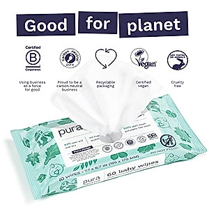 Pura Baby Wipes, 100% Plastic-Free & Plant Based Wipes, 99% Water, Suitable for Sensitive & Eczema-prone Skin, Fragrance Free & Hypoallergenic, Cruelty Free, EWG Verified, 1 Pack of 60 Wet Wipes