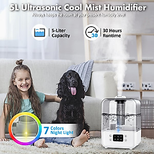Humidifiers for Bedroom, Cool Mist Humidifiers for Large Room Home Baby, 5L Top Fill Ultrasonic Air Humidifier Quiet for Plants with Remote Control, Essential Oil Diffuser, Rotatable Nozzle - White