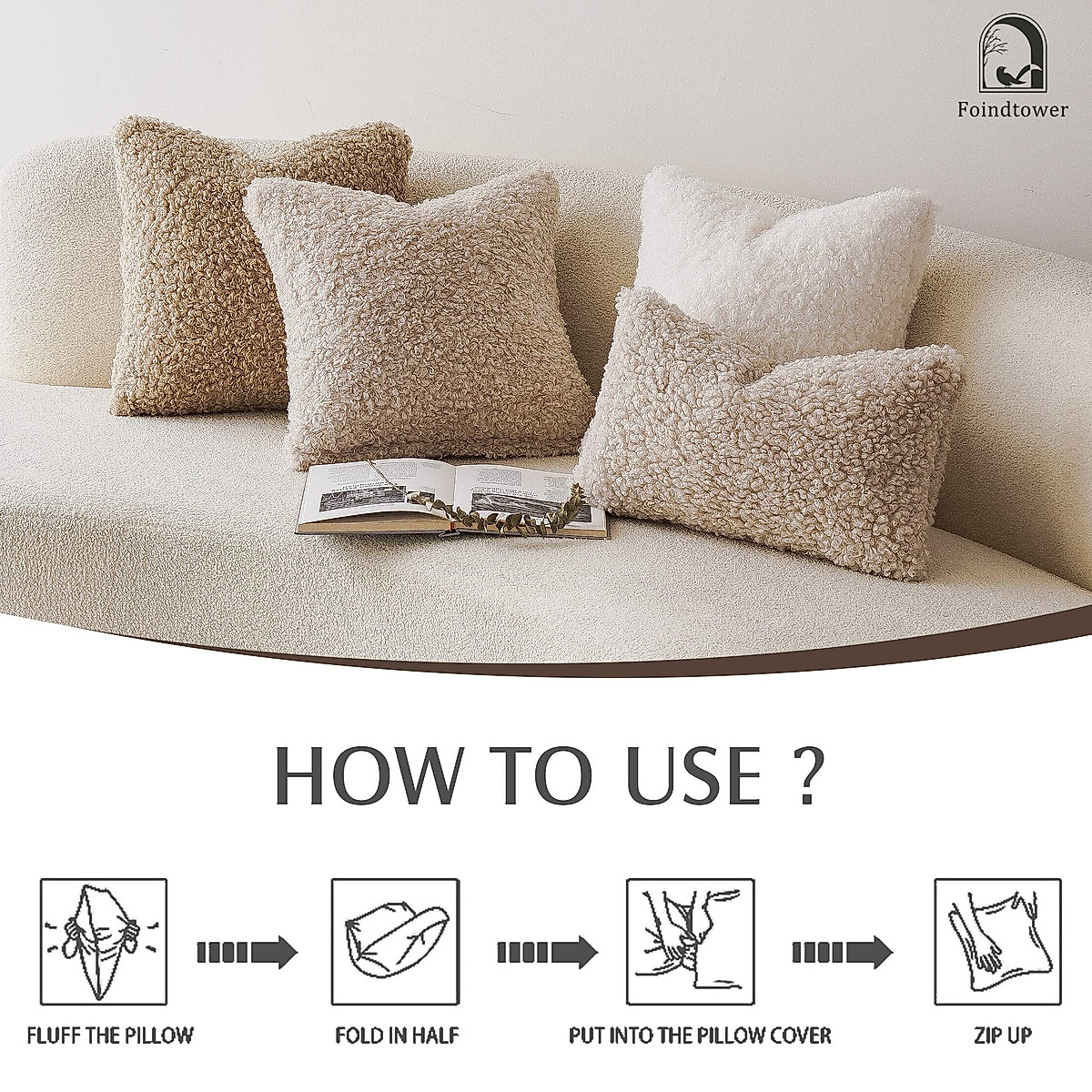 Foindtower 2 Pieces Faux Fur Throw Pillow Cover Decorative Sherpa Pillow Fuzzy Accent Pillowcases Soft Sheepskin Fleece Cushion Case for Bed Couch Living Room 18x18 Inch Light Khaki