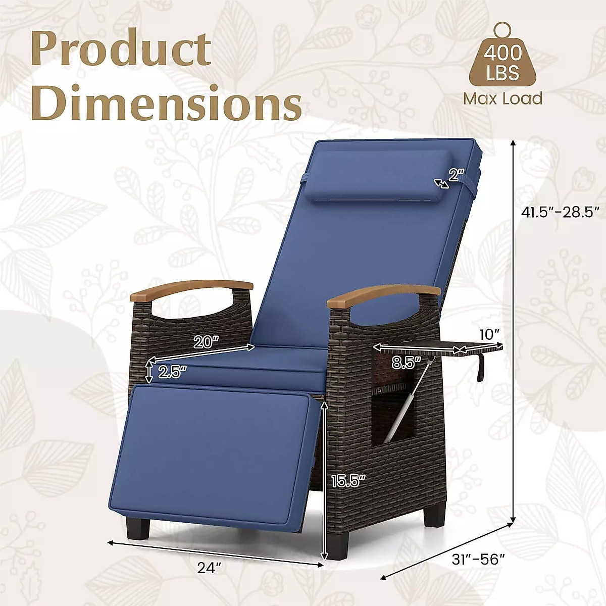 VcJta Elegant Patio Reclining Chair Set with Adjustable Back and Footrest, Wicker Design, includes Convenient Flip Side Table