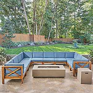 Great Deal Furniture GDFStudio Outdoor Acacia Wood 10 Seater U-Shaped Sectional Sofa Set with Fire Pit, Teak, Blue and, Light Gray