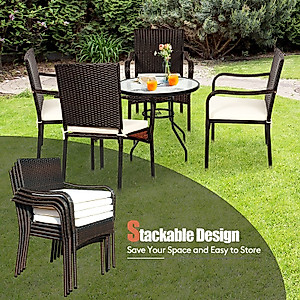 HAPPYGRILL 4 Pack Stackable Rattan Chairs Outdoor Patio Dining Chairs with Removable Cushions and Rustproof Steel Frame All-Weather PE Wicker Stacking Bistro Chairs for Balcony Garden Backyard
