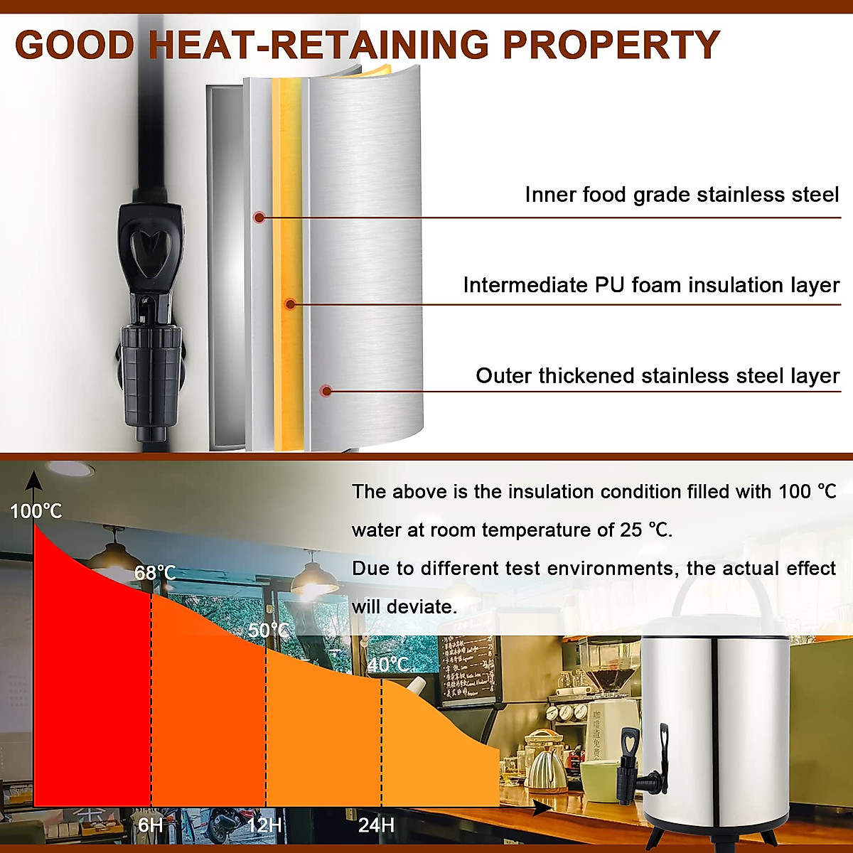 YMJOINMX Food Grade Stainless Steel Insulated Beverage Dispenser 8L 2.1Gallon Insulated Thermal Hot and Cold Beverage Dispenser for Hot Tea Coffee Cold Milk Water Juice (304 Stainless Steel)