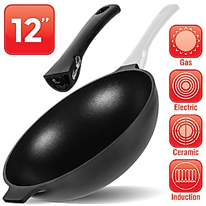 dokaworld Aluminum Nonstick Wok 12 in - Woks and stir fry pans - Non-stick Wok - Wok Pan Detachable Handle - Large Cooking Wok Frying Pan - Flat Bottom Wok - Induction Wok - Stir Fry Wok