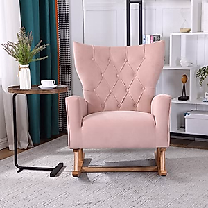 Rophefx Velvet Nursery Rocking Chairs, Glider Rocker for Baby Nursery with Solid Wood Base, Modern Accent Armchair with High Backrest, Pink