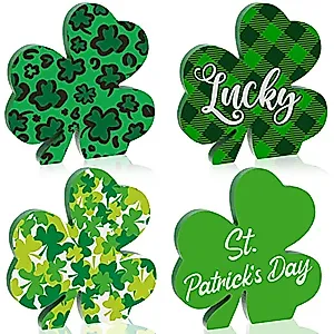 4-Piece St. patrick's Day Wooden Signs, Green Shamrock Clover Self-standing Blocks Table Centerpiece Sign Irish Lucky Holiday Display Tabletop Wood for Fireplace Tiered Tray Party Supplies Decoration