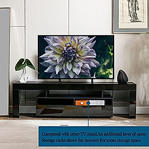 Vinctik 6&Fox LED Black TV Stand - Modern Entertainment Center with 2 Storage Drawers, LED Light, High Glossy Console, Media Furniture (65inch)