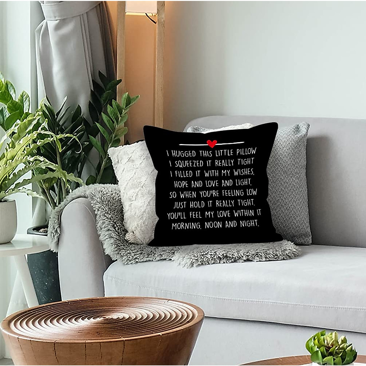 XUISWELL Inspirational Quotes I Hugged This Little Pillow Hug Black Throw Pillow Cover, Long Distance Relationship Gifts for Women Men, Cushion Case for Sofa Bed Home Decor 18 x 18 Inch
