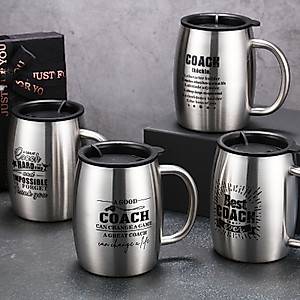Vesici 4 Pcs Coach Appreciation Gifts 16 oz Insulated Travel Coach Mug Stainless Steel Coffee Tumbler Double Wall Cup for Men Women Soccer Football Basketball Thank You Gifts(Silver)