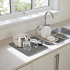 Elyum Dish Drying Mat, Silicone Drying Mat Heat Resistant Dish Mat Non-Slip Easy Clean Drying Mats for Kitchen Counter Sink(16" x 12'', Gray)