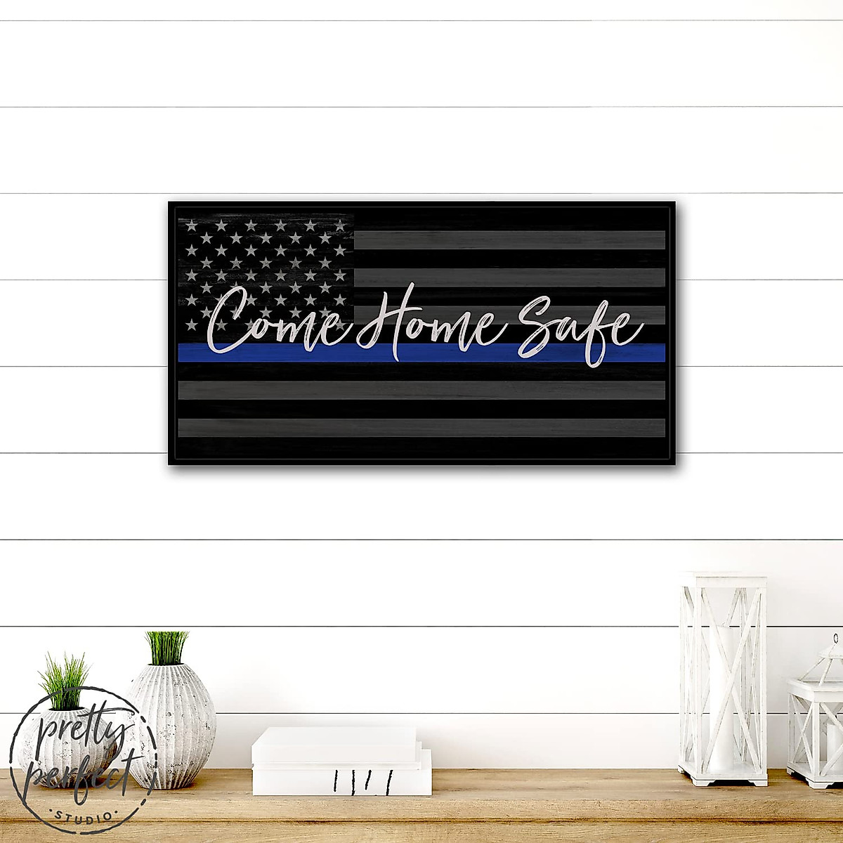 Come Home Safe, Police Officer Sign | 10x20 Black Framed Ready-To-Hang Canvas Wall Art, Law Enforcement Thin Blue Line Print