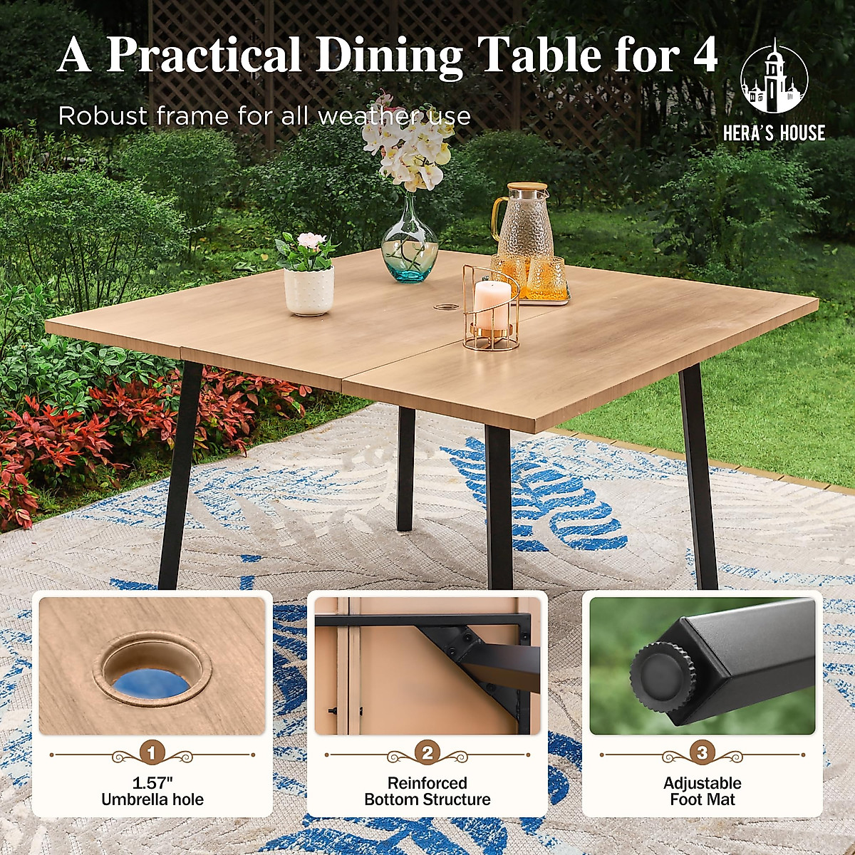 HERA'S HOUSE Patio Dining Table, 4 Person 47" x 47" Square E-Coating and Powder Coating Steel Frame Outdoor Dining Table with 1.57" Umbrella Hole for Garden, Lawn and Backyard