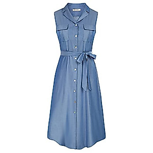 GRACE KARIN Womens Jean Dress Casual Denim Dresses Summer Sleeveless Button Down A line Shirt Dress with Belt Blue XL