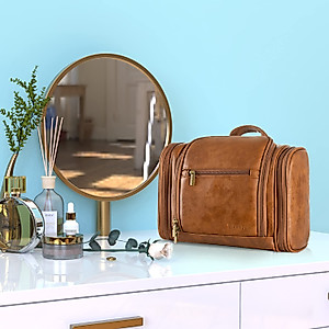 Elviros Travel Hanging Toiletry Bag for Women and Men, Large PU Leather Toiletries Organizer, Water-resistant Bathroom Shaving Kit for Cosmetics, Makeup Case (Large, Brown)