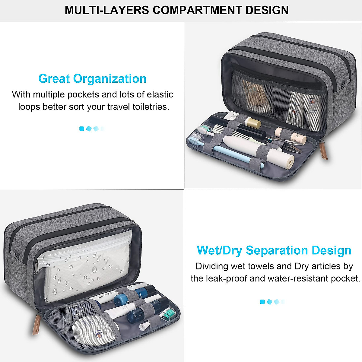 Lacdo Toiletry Bag for Men, Travel Toiletry Organizer Dopp Kit Water-Resistant Large Shaving Bag for Toiletries Accessories Cosmetic Bags, Gray