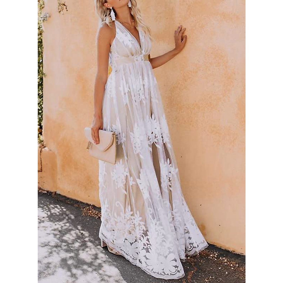 Dokotoo Womens Sexy V Neck Sleeveless Spaghetti Straps Elegant Embroidered High Slit Sheer Mesh Dresses Backless Maxi Long Formal Evening Party Prom Dress Bridesmaid Wedding Guest Dresses White Small