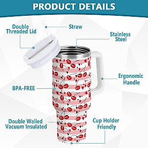 Tumbler with Handle and Straw Lid,Cute Cherry White Pink Striped 40 oz Insulated Coffee Cup Stainless Steel Fruit Water Bottle Travel Mug Cupholder Friendly,Gifts for Women Men