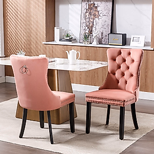 Rhomtree Contemporary Button Tufted Dining Chairs High-end Velvet Upholstered Dining Chairs with Nailhead Back and Ring Pull Trim Wood Kitchen Chairs for Dining Room (Pink 01, Set of 8)