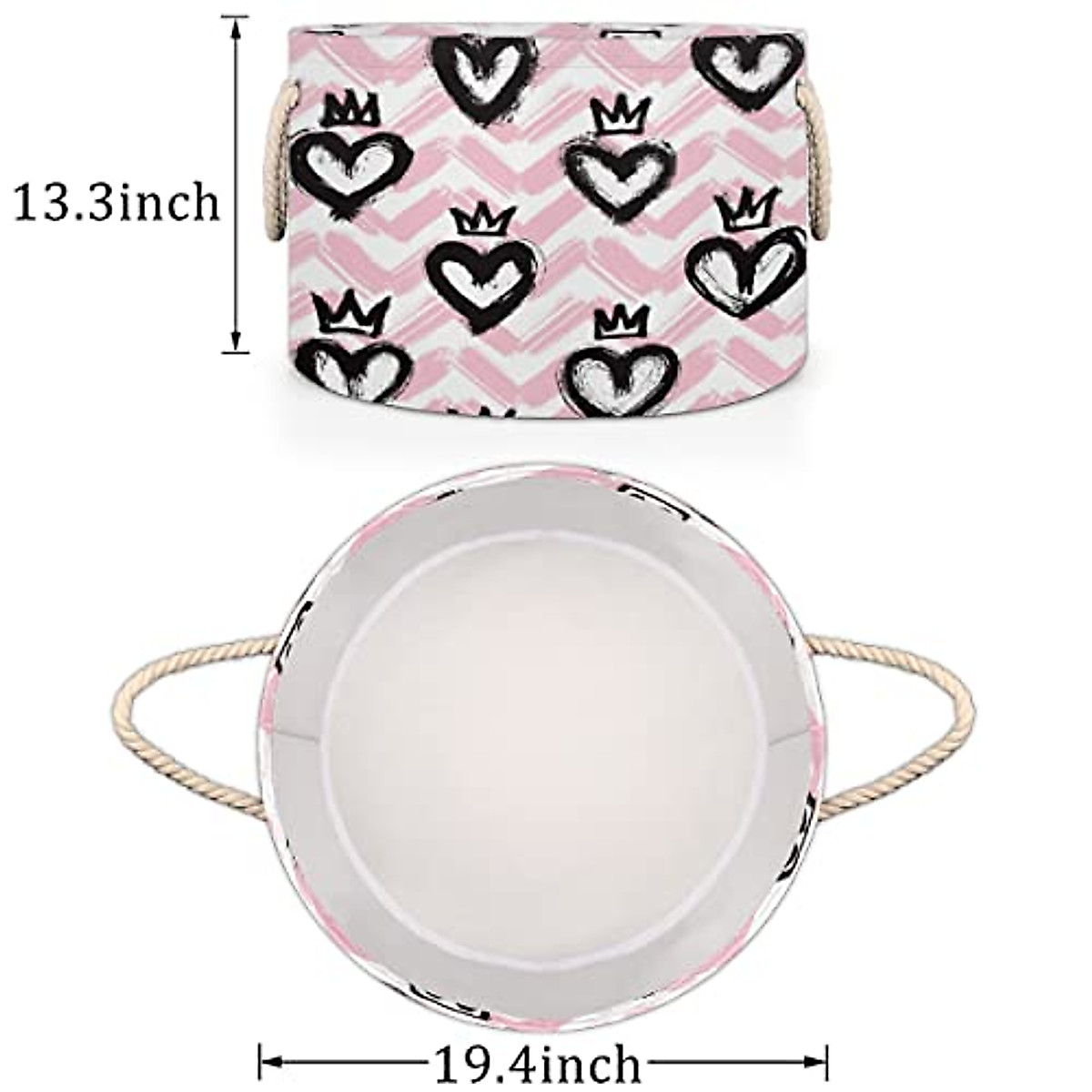 Hearts Crowns Pink Stripe Romantic Large Round Baskets for Storage Laundry Baskets with Handles Blanket Storage Basket for Bathroom Shelves Bins for Organizing Nursery Hamper Girl Boy