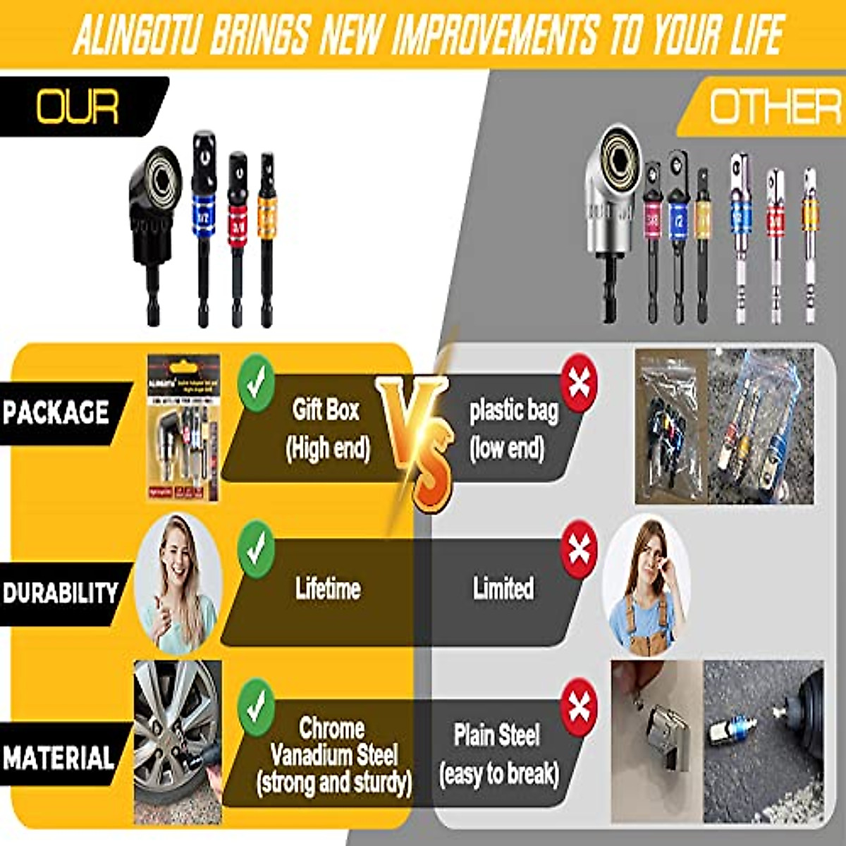 ALINGOTU Right Angle Drill Adapter and Drill Socket Adapter,Impact Driver Bit Set,Right Angle Drill Attachment,3-Piece 1/4", 3/8", and 1/2" Drive,Black,Cr-V,Gifts for Dad,Christmas Stocking Stuffers