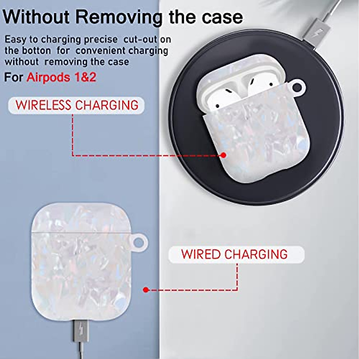 Glitter Shell Design Case for AirPods 1/2 with Pearl Wrist Chain Keychain,Colorful Sparkle Bling Pretty Cute Protective Skin Cover for Airpods 2nd Generation TPU Shock Proof for Women Girls -White