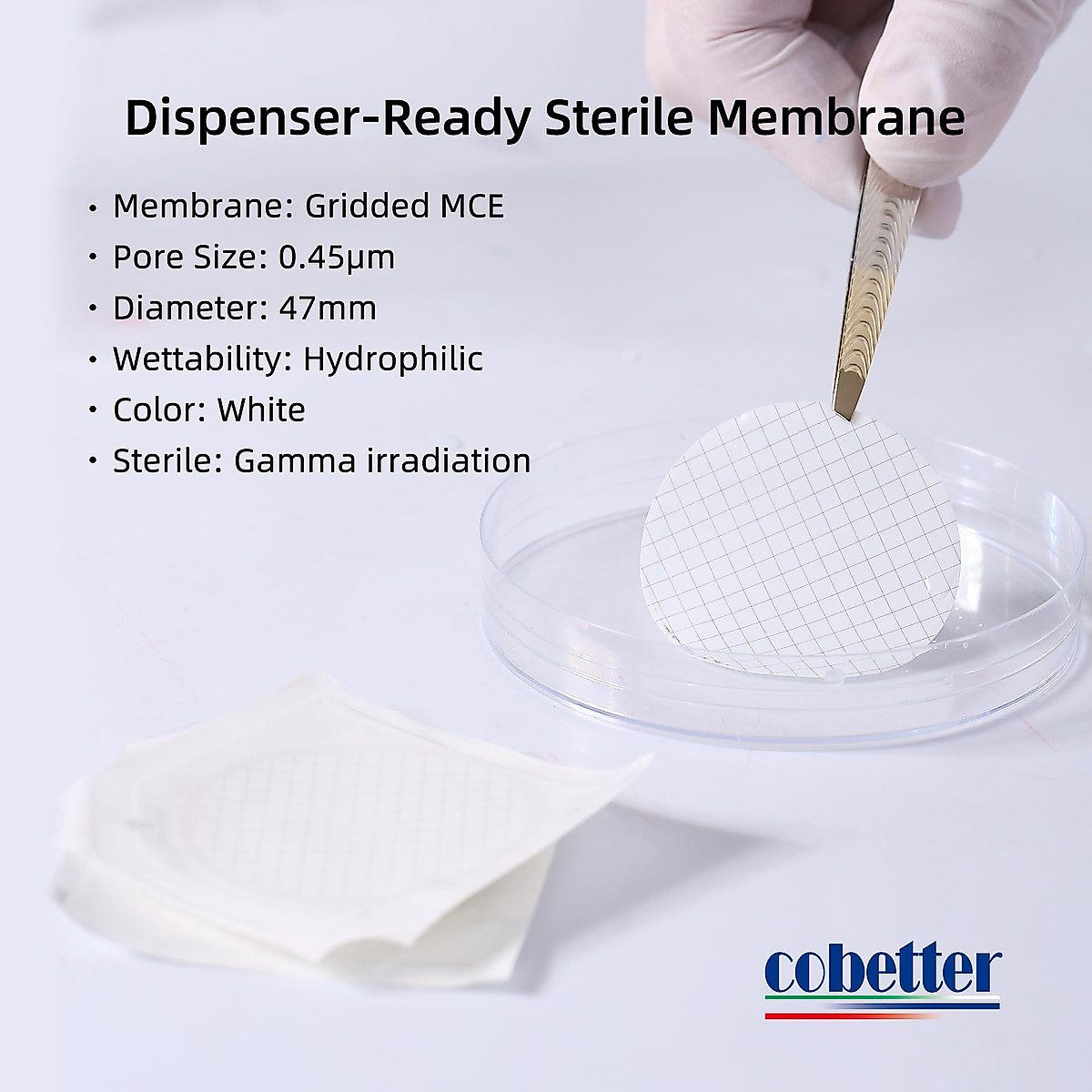 COBETTER 100 Pack MCE Gridded Membrane Filter Sterile 47 mm Diameter and 0.45um Pore Size Mixed Cellulose Esters Membrane Disc Filter Individual Pack
