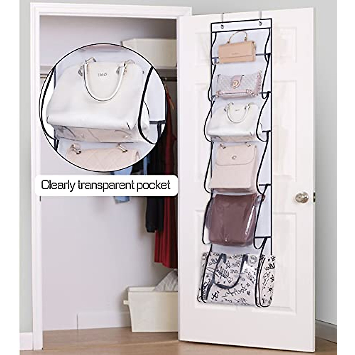 MISSLO 6 Clear Pockets Over Door Organizer for Handbags, Caps, Accessories (White)