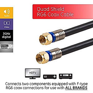 GE RG6 Coaxial Cable, 50 ft. F-Type Connectors, Quad Shielded Coax Cable, 3 GHz Digital, In-Wall Rated, Ideal for TV Antenna, DVR, VCR, Satellite, Cable Box, Home Theater, Black, 33532
