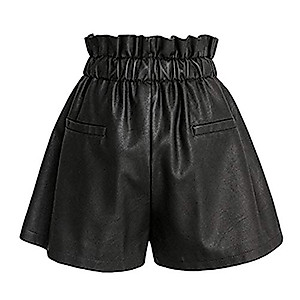SCHHJZPJ High Waisted Wide Leg Black Faux Leather Shorts for Women (Black, L)