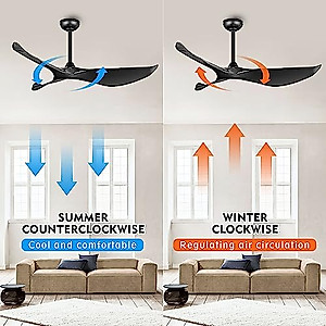 LEDLUX 52" Ceiling Fan no Light, 6 Speed Remote Control, Noiseless Reversible DC Motor, Modern 3 ABS Blades Ceiling Fan with 4.5"/12" Downrods for Bedroom/Living Room/Kitchen Black