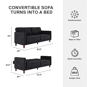 DHP Ivana 82 Inch Futon Sofa Bed in Velvet Fabric, Upholstered Couch Sleeper with Tufted Back, Mid-Century Modern, Black