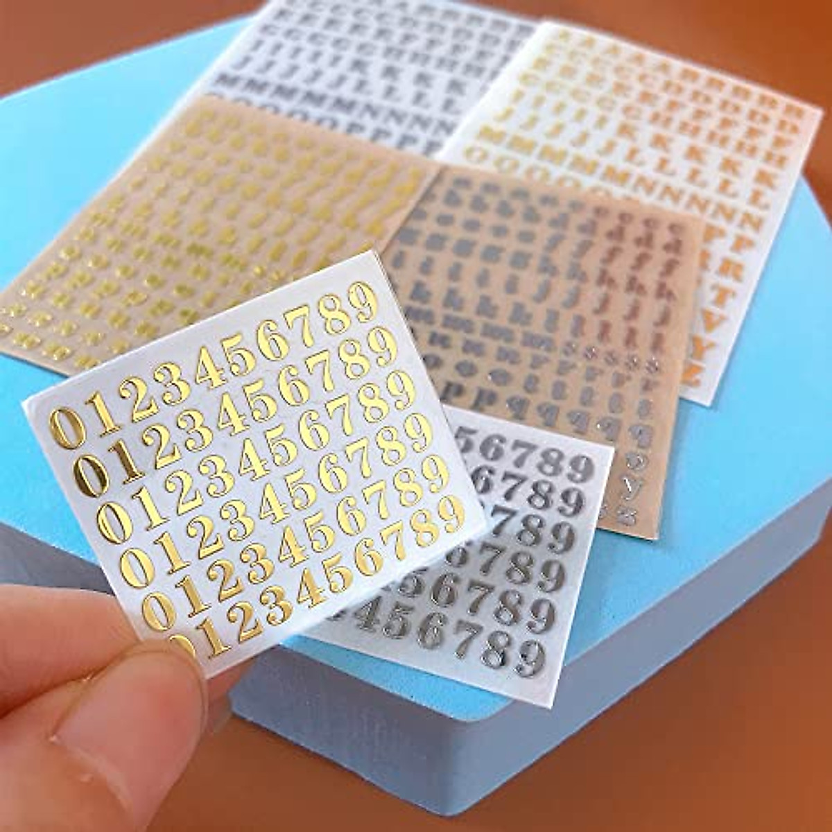 HYMAOME 6 Sheets Alphabet&Number Stickers Mini Self Adhesive Resin Letter Sticker Shiny Digital Stickers Gold/Silver Labels 3mm for Nail Art, Scrapbooking, Card Making, Journaling