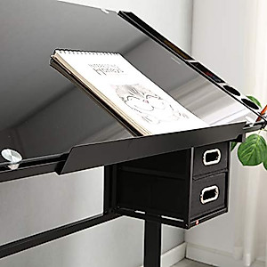 sogesfurniture Adjustable Glass Drafting Table, Versatile Art Craft Station Study Table, Tabletop Adjustable Art/Craft Desk with 4 Rolling Wheels and Slide Drawers for Home Office, Black