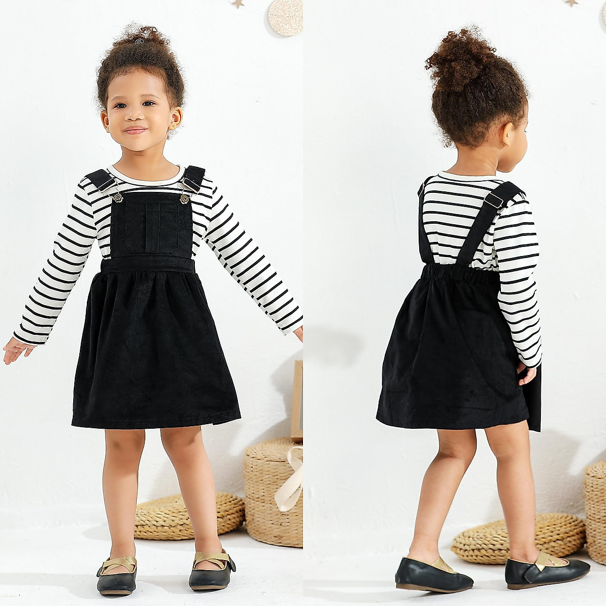 YOUNGER TREE Toddler Baby Girl Fall Outfit Long Sleeve Stripe T-shirt and Strap Dress Overall with One Pocket Clothes Sets (Black, 18-24 Months)