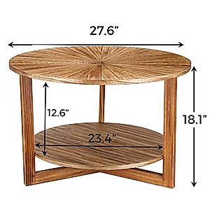 Coffee Tables for Living Room, Small Round Coffee Table with Storage, Mid Century Modern Solid Wood Coffee Table, Rustic Wooden Circle Center Table Living Room Furniture, Brown Tea Table