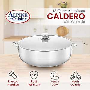 Alpine Cuisine 13-Quart Aluminum Caldero Stock Pot with Glass Lid, Cooking Dutch Oven Performance for Even Heat Distribution, Perfect for Serving Large & Small Groups, Riveted Handles Commercial Grade