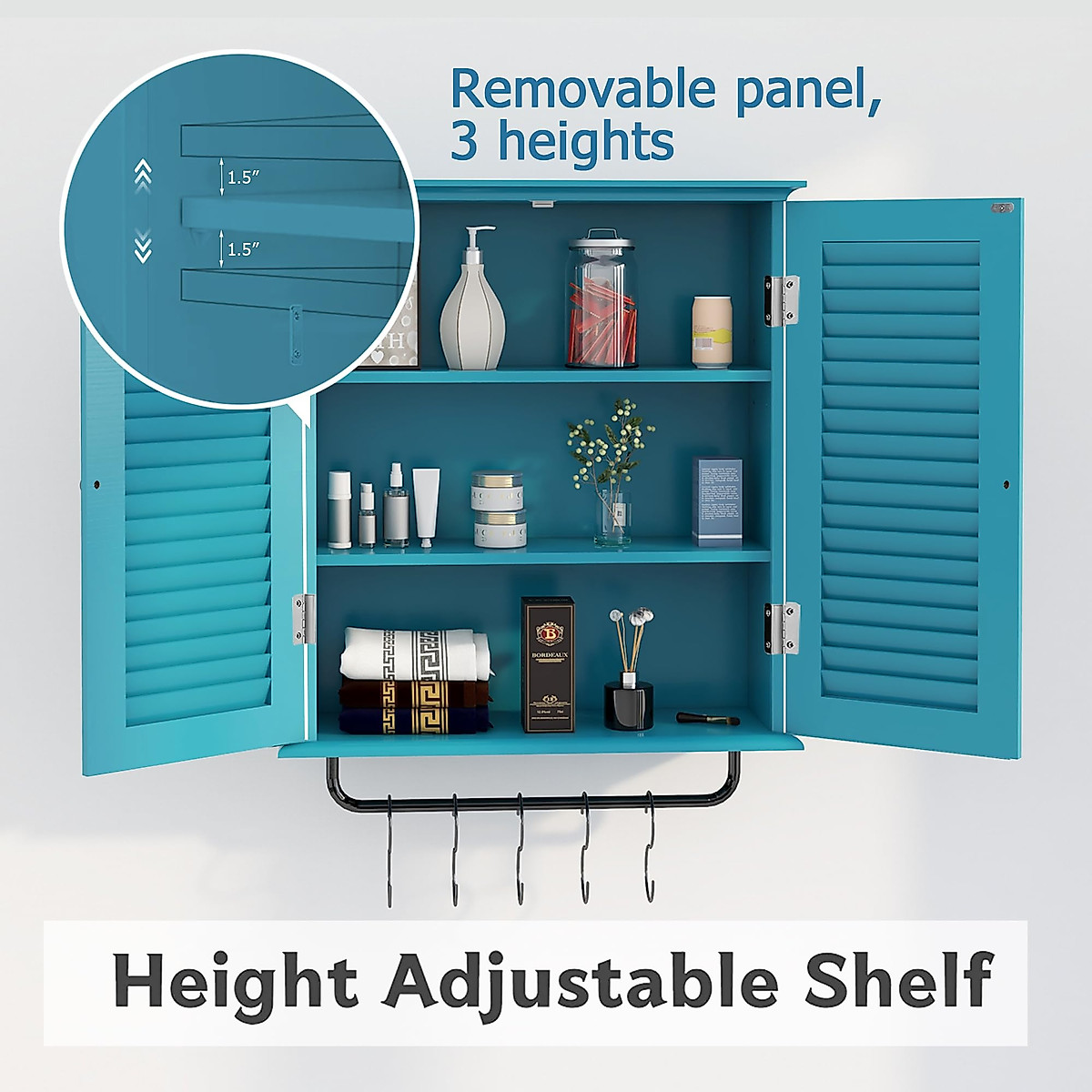 TaoHFE Bathroom Cabinet Wall Mounted Turquoise Designer Bathroom Wall Cabinet Medicine Cabinet with Double Shutter Doors 3 Tier Adjustable Shelf with Towel Rack Over The Toilet Storage Cabinet Laundry