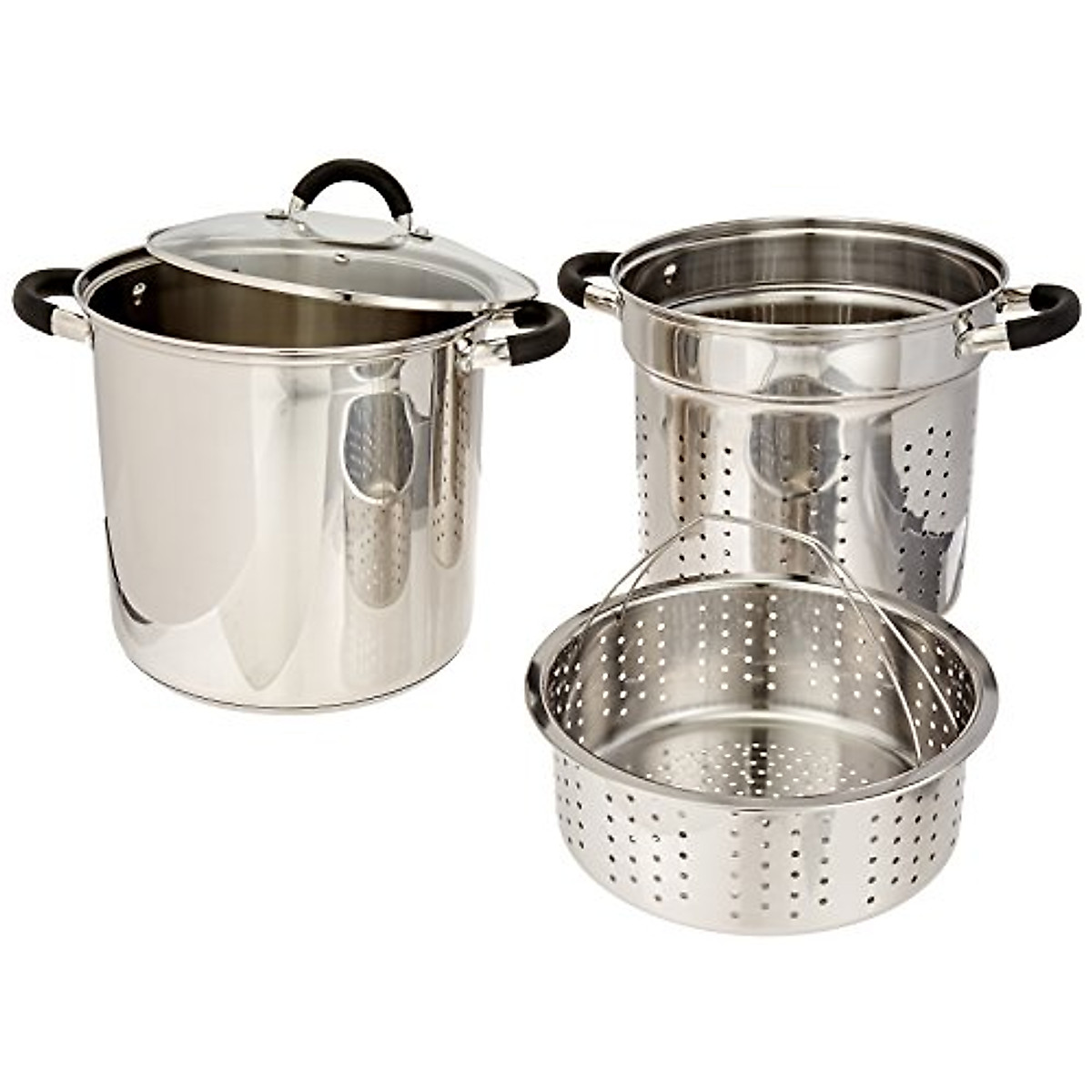 ExcelSteel 12 Qt Multifunction Stainless Steel Pasta Cooker with Encapsulated Base, Vented Glass Lid, and Riveted Silicone Covered Handles