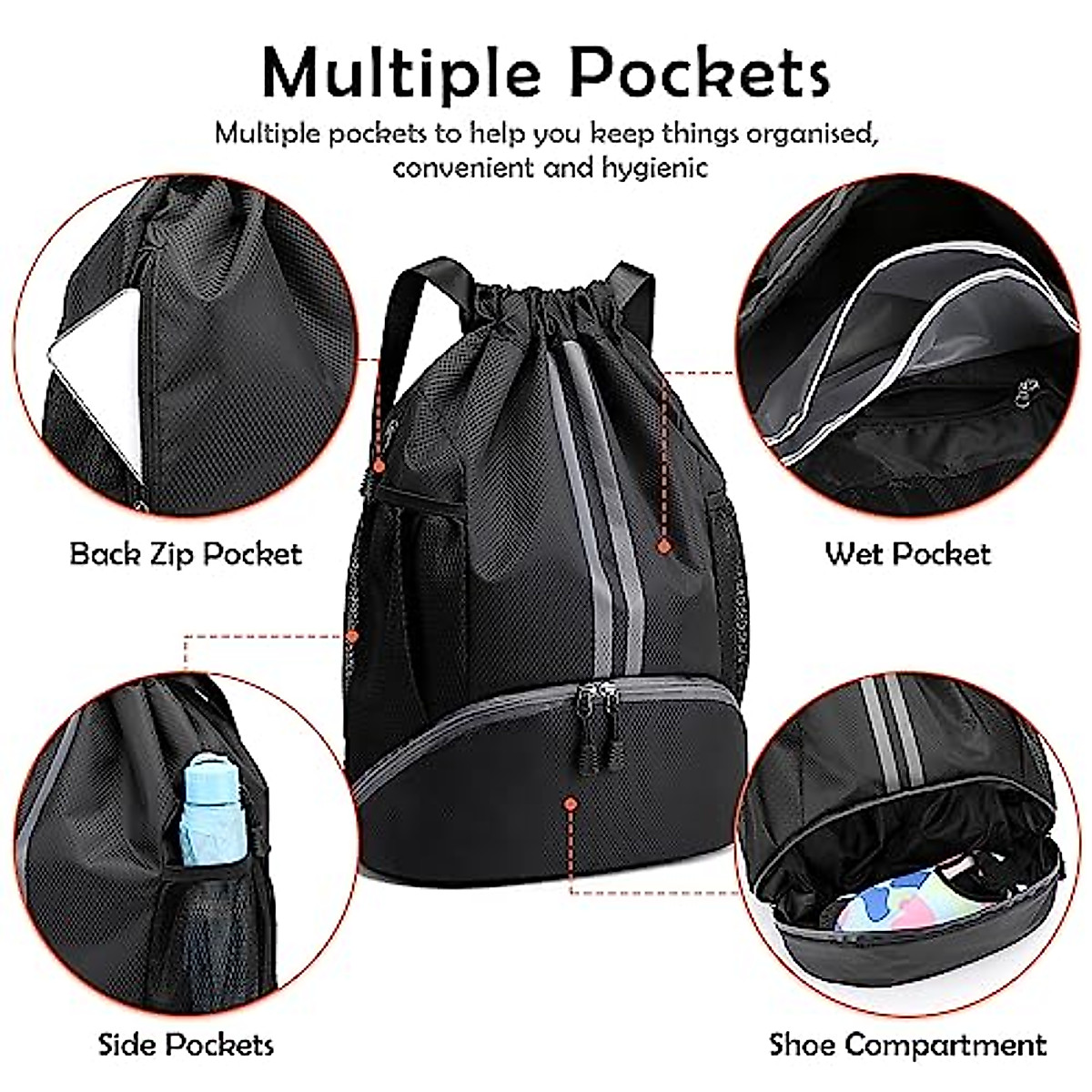ZIXKUB Drawstring Backpack Gymbag Water Resistant Sports Sackpack with Zipper/Shoe Compartment/Wet Pocket/Mesh Pockets Gym Sack for Women Men Lightweight String Bag for Travel Soccer Swim, Black