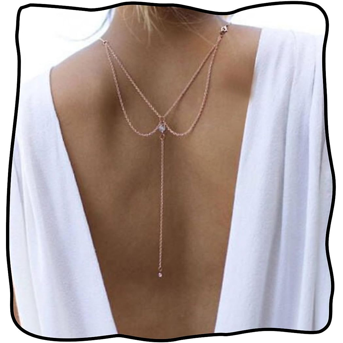 Jeweky Layered Gold Backdrop Chain Wedding Body Necklace Tassel Back Body Chain Accessory for Women