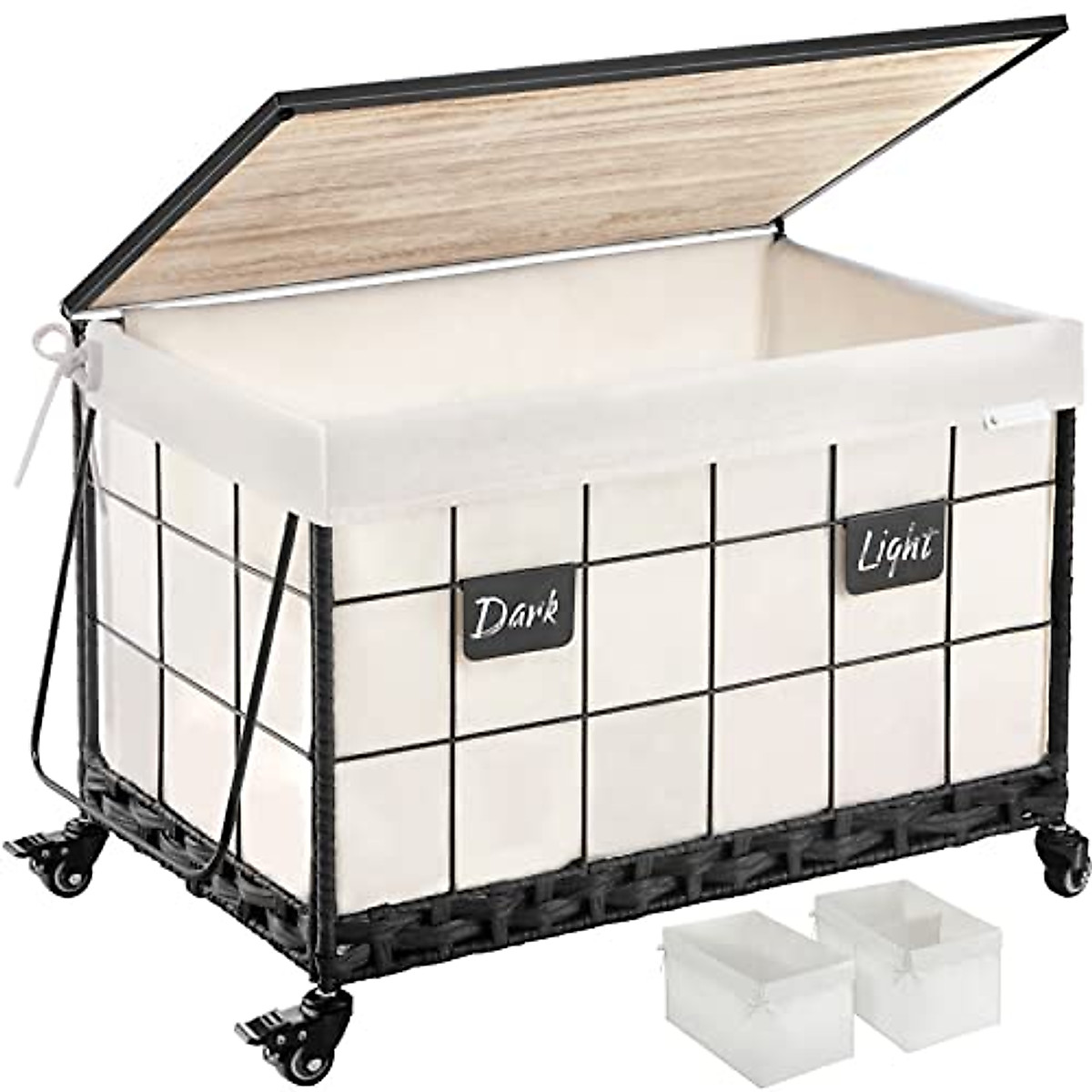 GREENSTELL Storage Basket with Wheels and Lid, 65L Handwoven Large Shelf Basket with Cotton Liner and Metal Frame, Foldable & Easy to Install, Storage Box Basket Bin with Handle Black