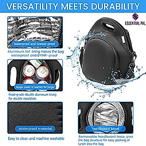 Essential Pal Black Insulated Lunch Bag Tote – Thick, Durable Neoprene Lunch Bags with Double-Layer Insulation & Insulated Bottle Holder – Machine-Washable, Freezable Lunch Bag with Removable Strap