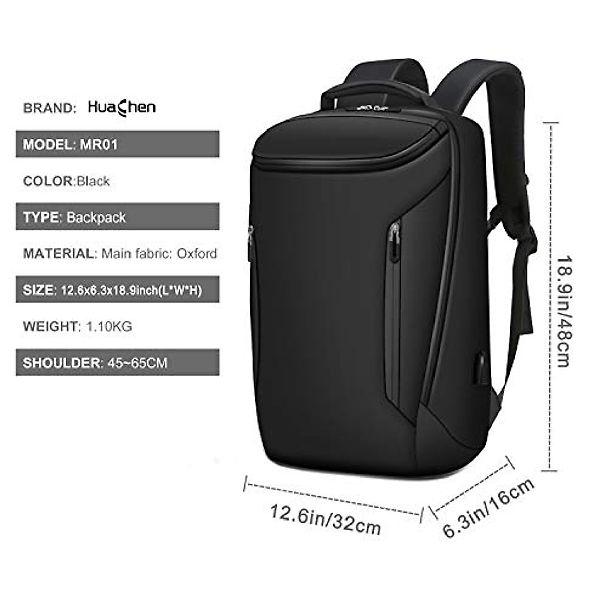 HuaChen Anti-Theft Travel Backpack,Water-Resistant 15.6 Inch Laptop Bag (MR01_Black)