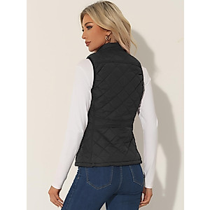 Allegra K Women's Puffer Vest Stand Collar Lightweight Gilet Quilted Zip Vest Medium Black