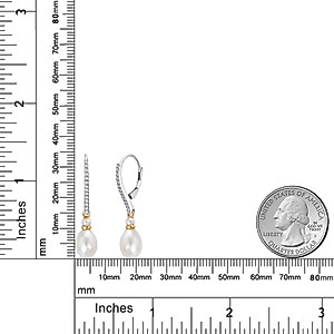 Gem Stone King 925 Sterling Silver and 10K Yellow Gold 9X7MM Cultured Freshwater Pearl and White Lab Grown Diamond Dangling Earrings with Leverback For Women