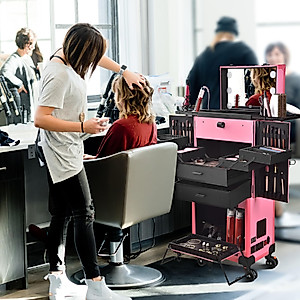 Pink Rolling Makeup Case with Mirror Light Pro Large Cosmetic Artists Hair Stylist Barber Organized Trolley Lockable