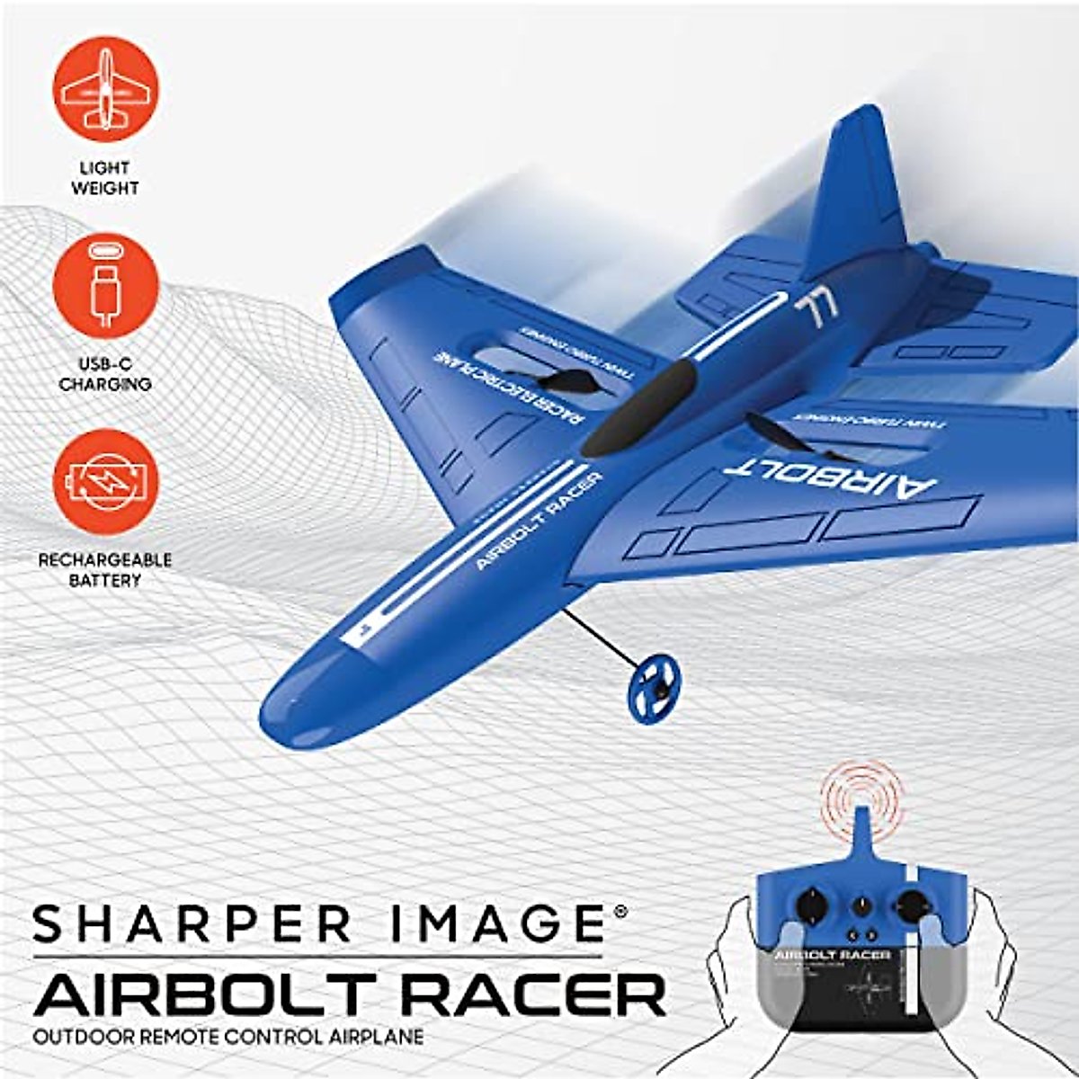 SHARPER IMAGE Airbolt Racer RC Airplane With 2.4 GHz Remote, USB-C Charging, and Replacement Propellers